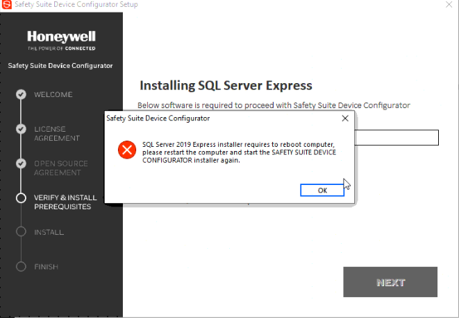SQL Server 2019 Express installer requires to reboot computer on Safety Suite Device Configurator