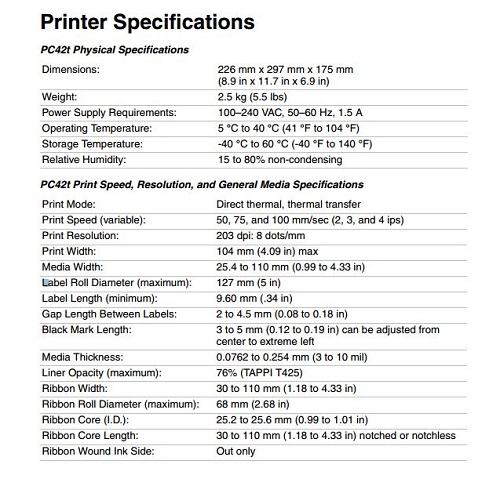 What is the maximum label length for PC42t printer?
