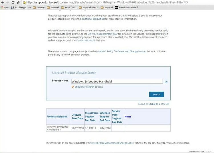 Windows Embedded Handheld 6.5 - Microsoft Extended Support End Date