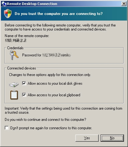 Remote Desktop Mobile/CE shows warning message "Do you trust the ...