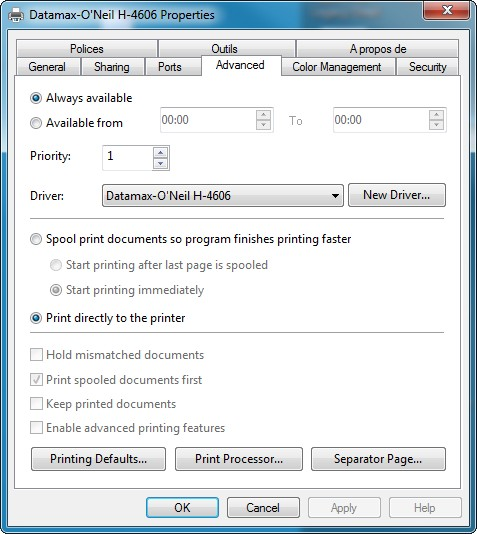 The DMX Configuration Utility shows the error message "Printer driver advanced settings must be ...