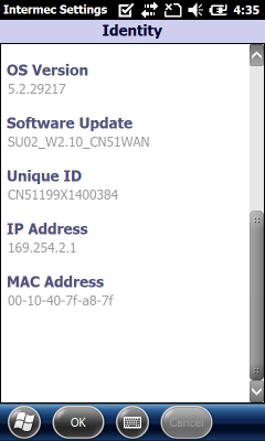 What is in Identity "section of Intermec Settings/ Enterprise settings?