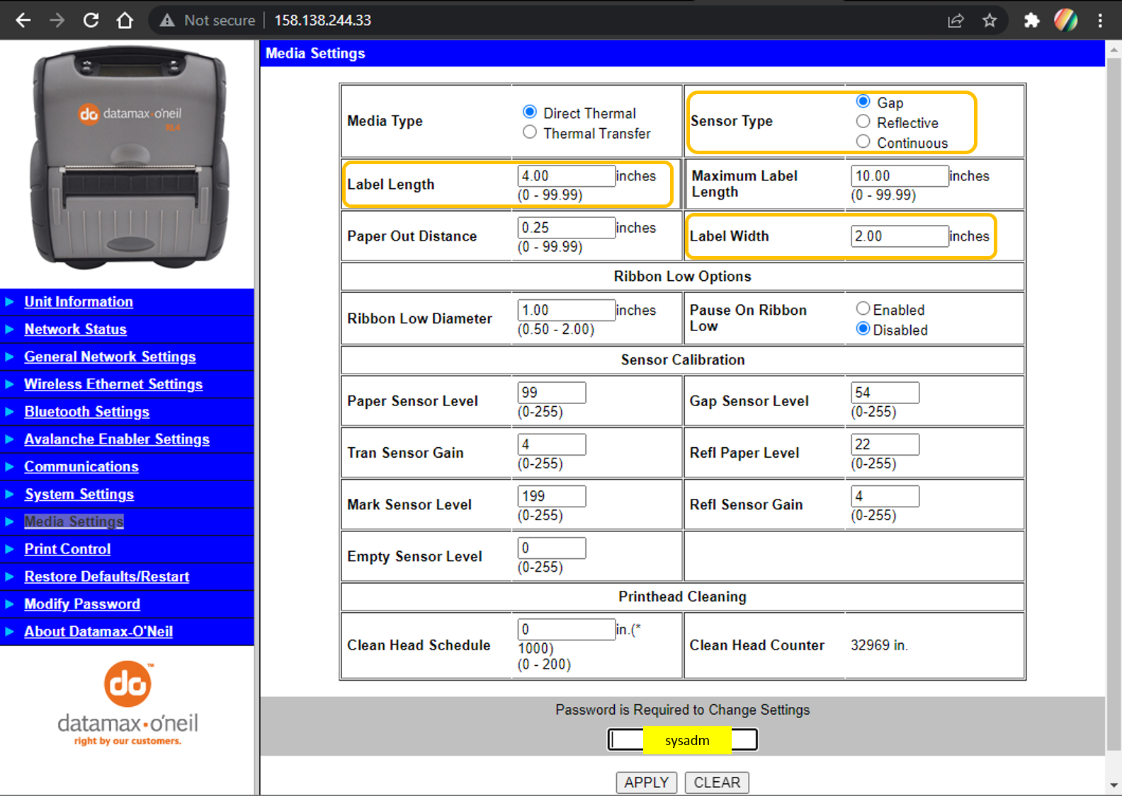 How to define the media width on a RL3, RL3e, RL4, RL4e, RP2, RP4