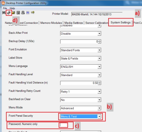 How to set up password on printer front panel display in DMXConfig?