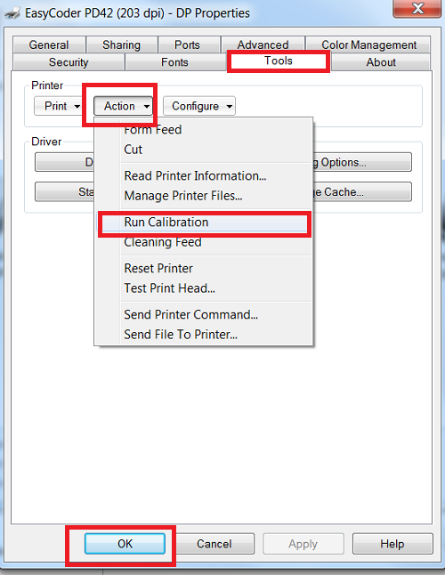 Media calibration using 'Intermec Direct Protocol' drivers wizard