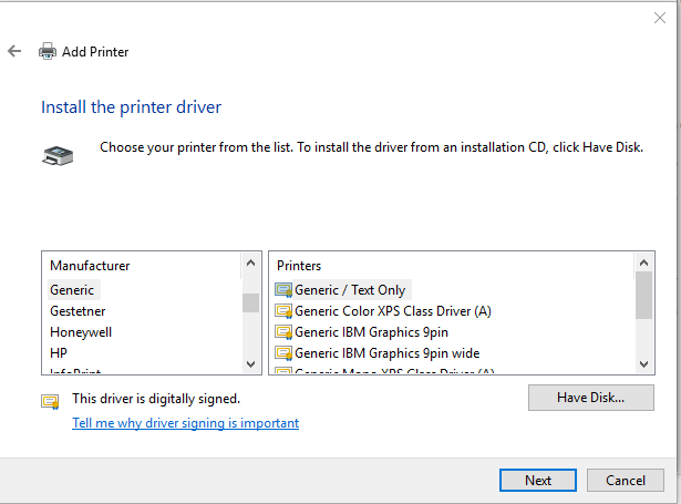 How to add a printer with a Generic / Text Only driver in Windows