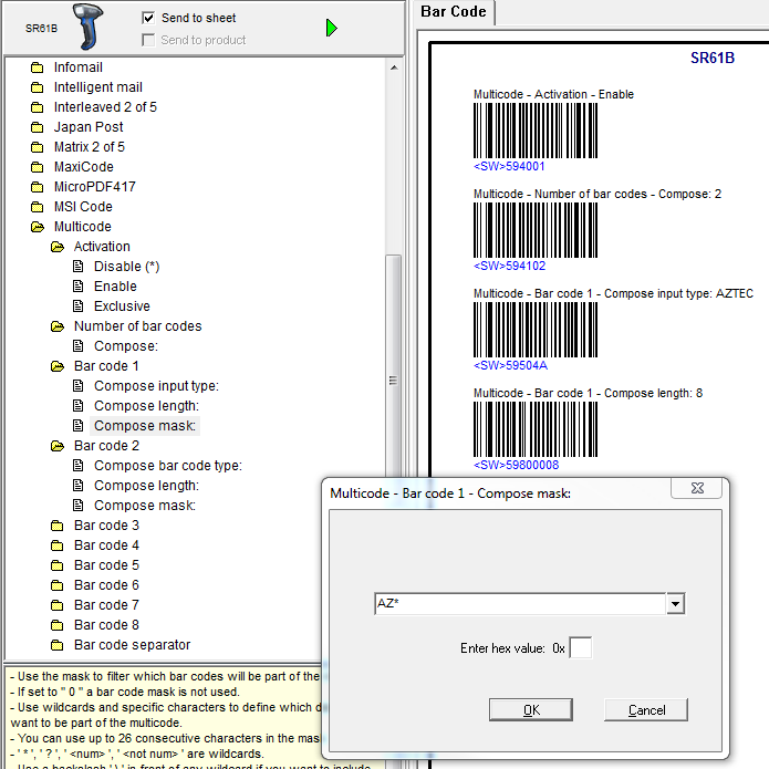 Configuring the SR61B to read two different symbologies with one scanner pass
